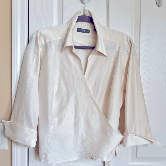 Kate Hill | Tops | Kate Hill Creambeige Wrap Silk Pointy Collar Blouse ...